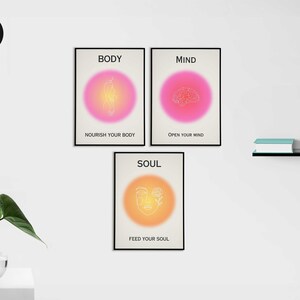 Mind Body Soul Aura Poster 3 Piece Wall Art, Aura Energy Spiritual Gradient Set of 3 Prints, Y2K ...