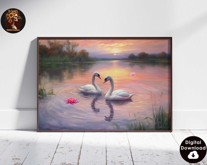 Pastel Swan in a Pond Oil Painting Print Soft Pastel Wall Art Pink and ...