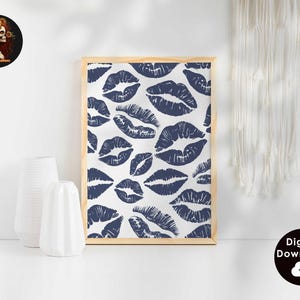 Kiss Lips Wall Art, Navy Blue Lips Print, Trendy Digital Prints, Preppy ...