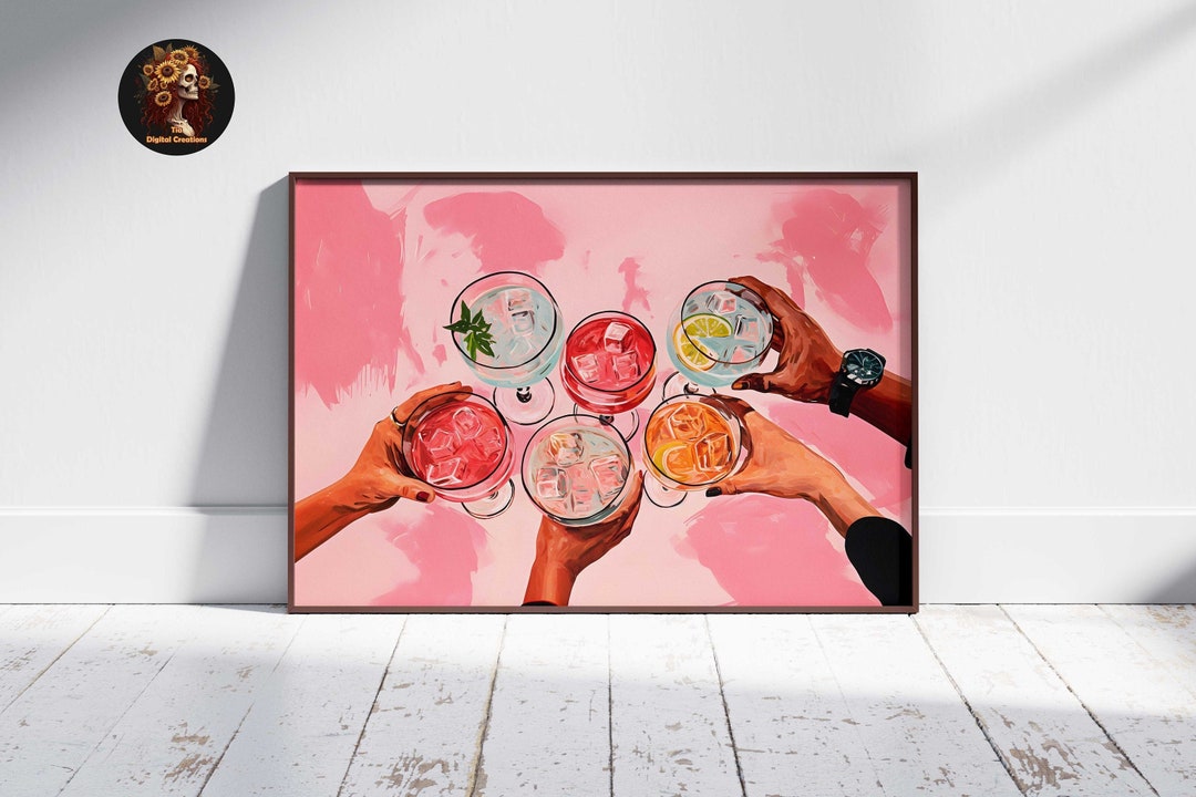 Pink Cheers Art: Retro Bar Cart Decor | Cocktail Print and Girly ...