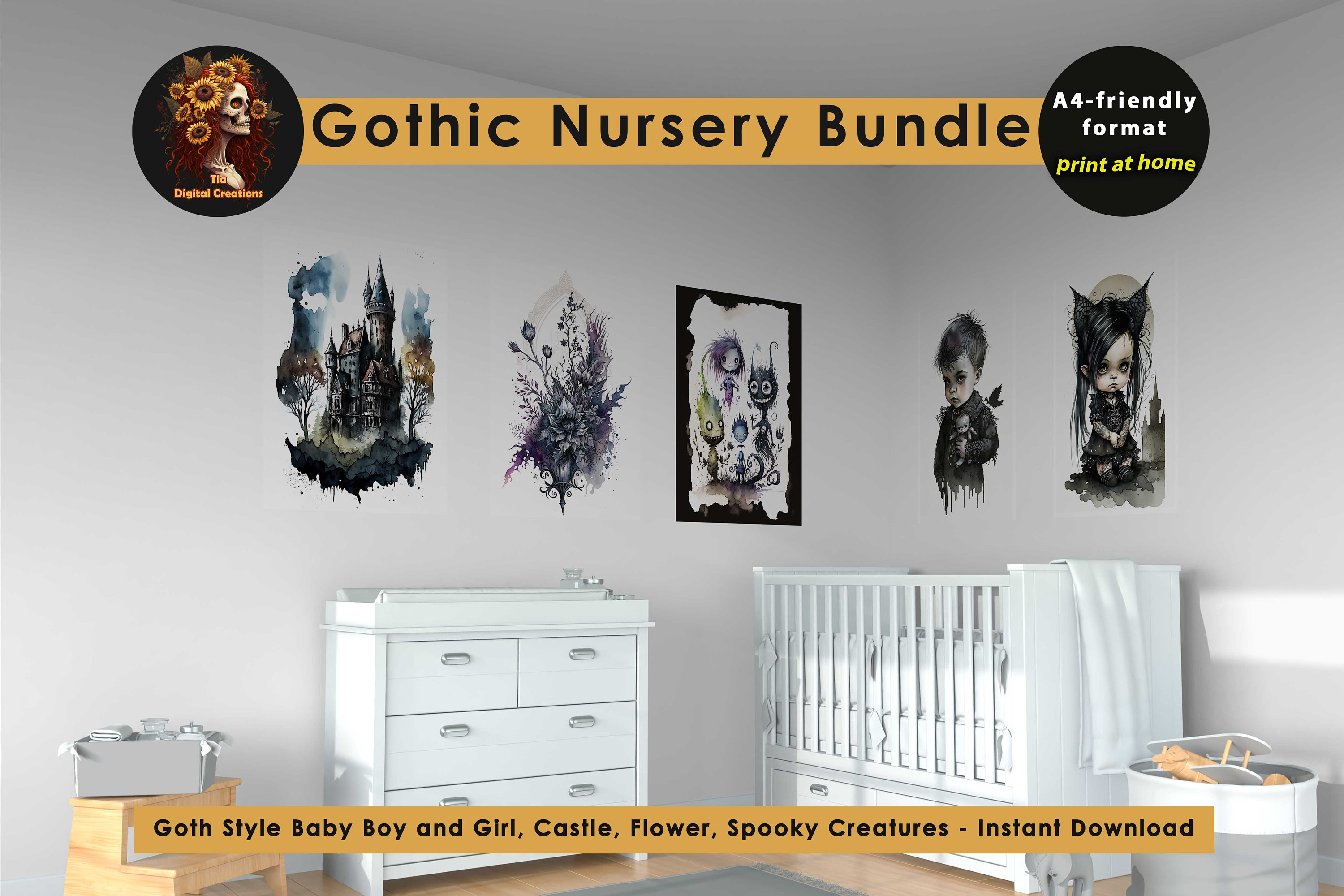 Gothic Nursery Decor Set of 5. Gothic Baby Digital Downloads Boy and ...