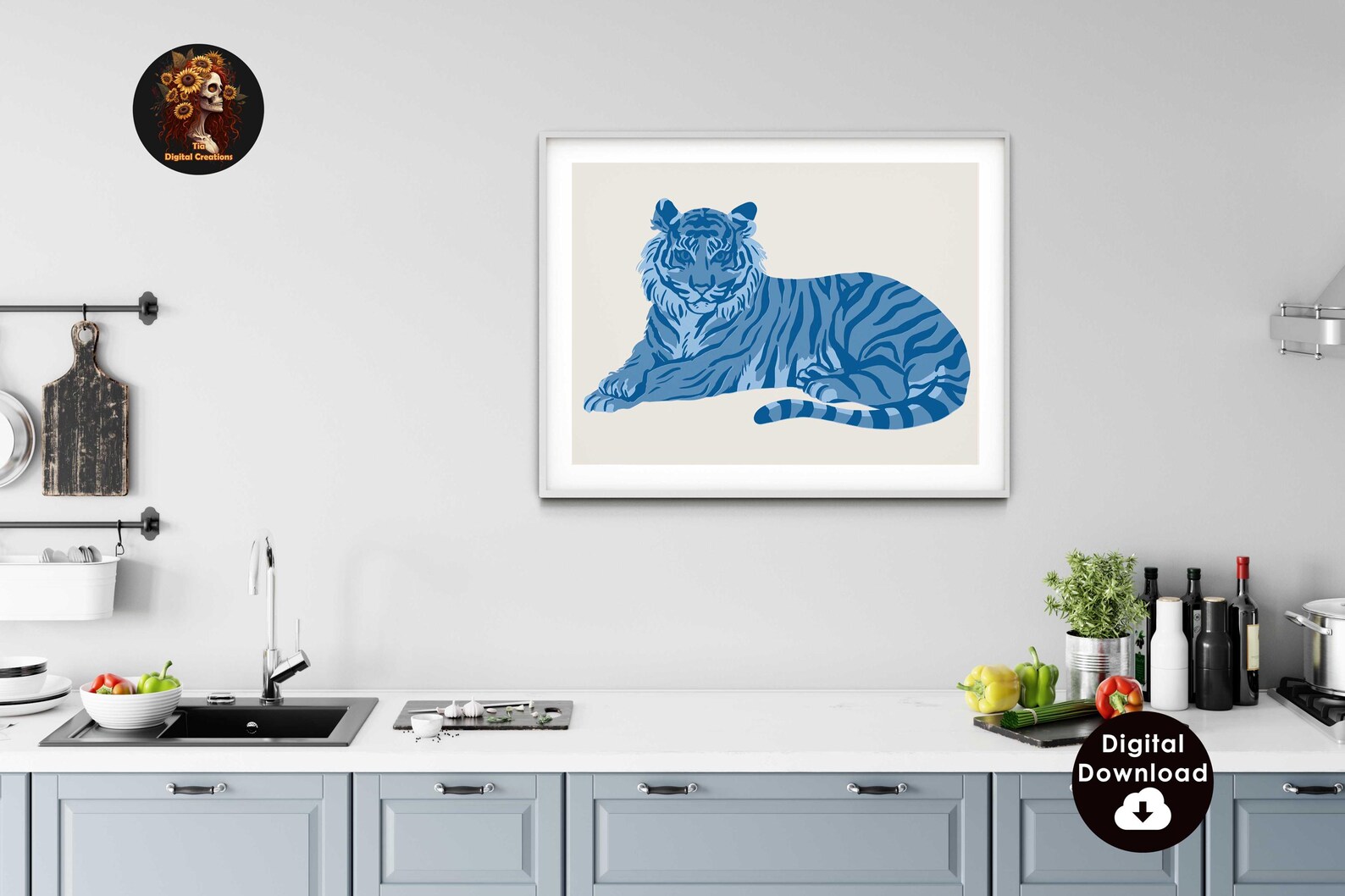 Preppy Blue Tiger Animal Print Trendy Room Decor Light Blue Wall Print ...