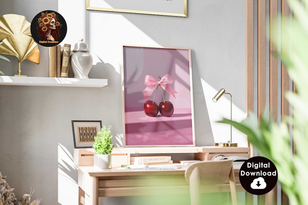 Cherry Wall Art Print Printable Feminine Poster | Coquette Pink Bow Soft Girl Bedroom Decor ...