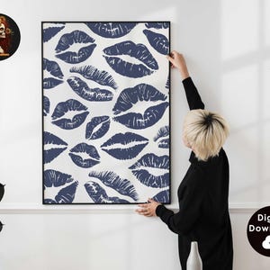 Kiss Lips Wall Art, Navy Blue Lips Print, Trendy Digital Prints, Preppy ...