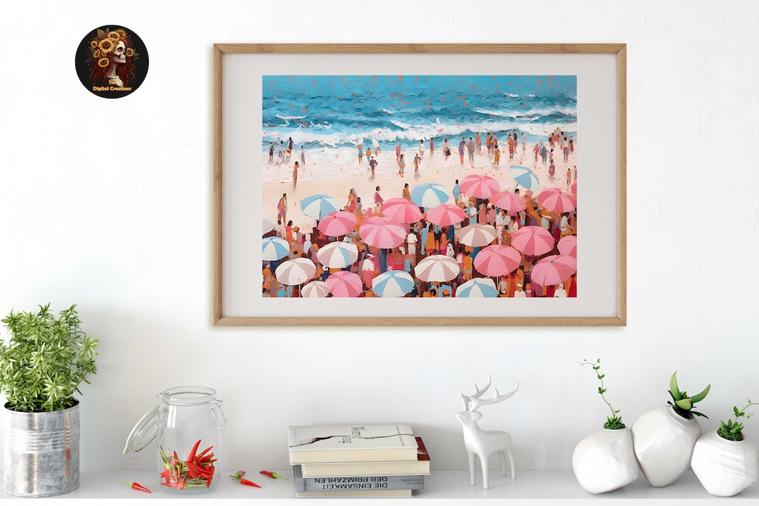 Vintage Beach Print: Pink Retro Umbrellas, Coastal Wall Art (digital ...