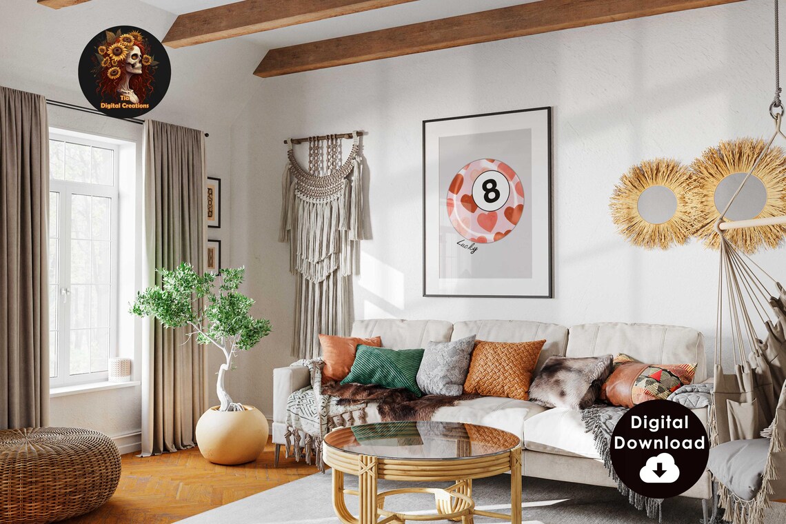 Vintage Pool Ball Print Lucky 8 Ball Wall Art Retro Hand Drawn Poster ...