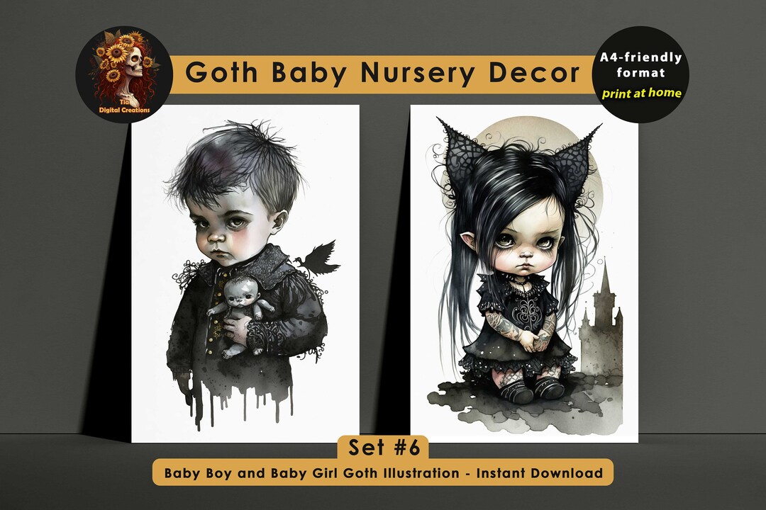 Goth Baby Nursery Wall Art. Set of 2 Watercolor Digital Downloads. Boy ...