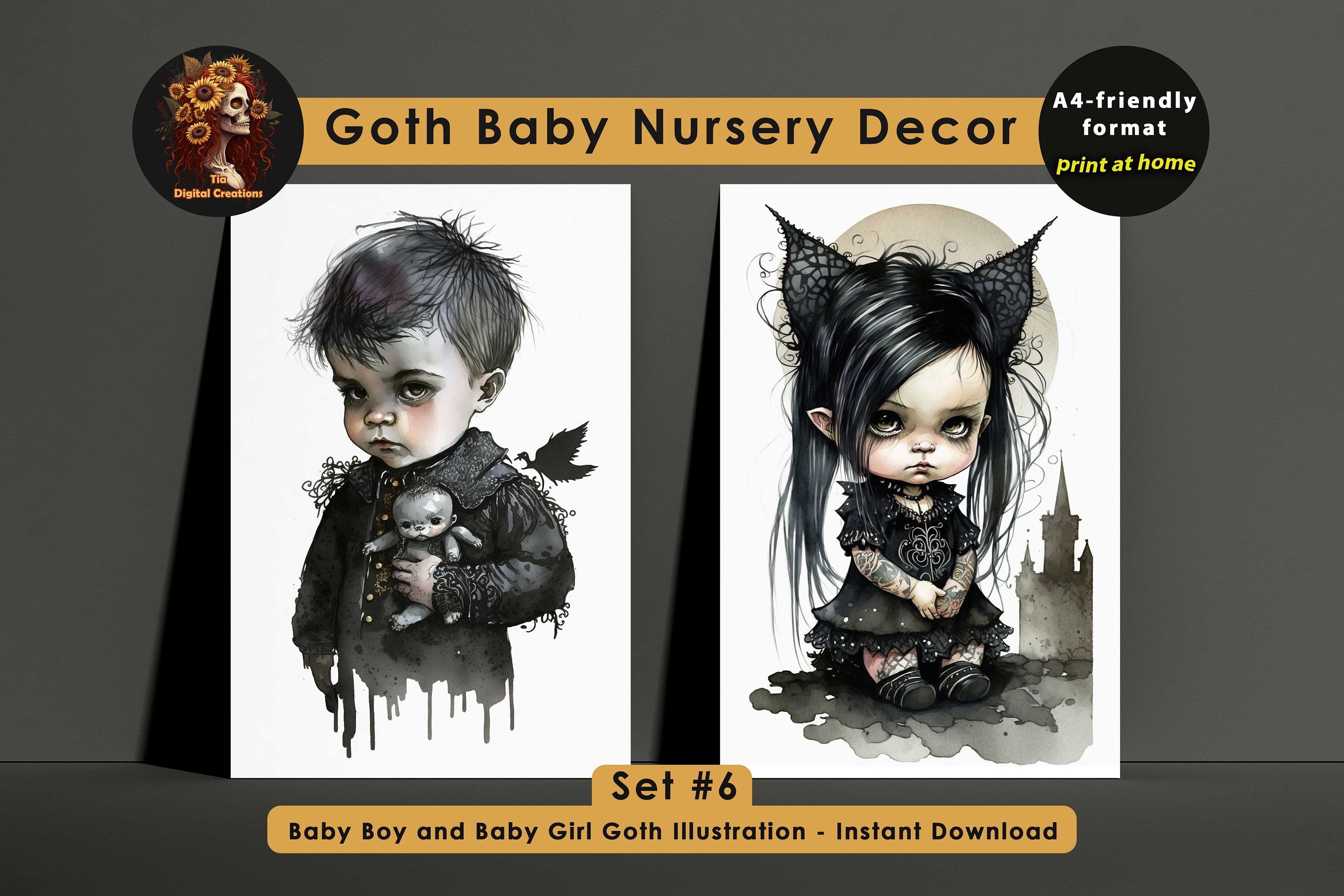 Goth Baby Nursery Wall Art. Set of 2 Watercolor Digital - Etsy