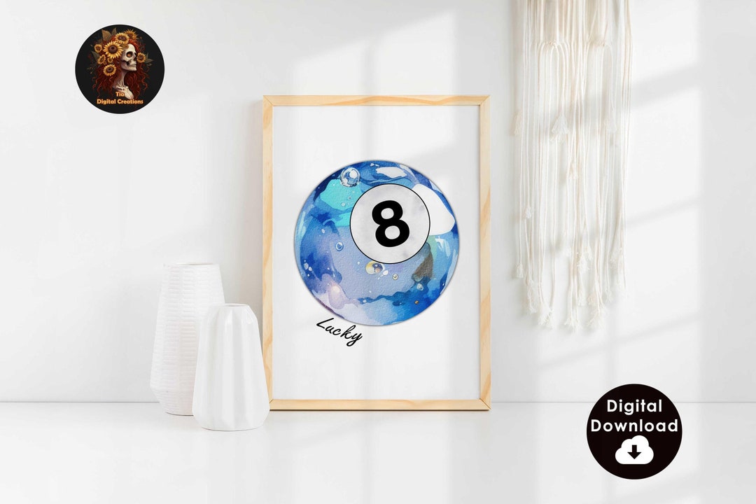 Vintage Pool 8 Ball Print Lucky Navy Blue Trendy Wall Art Retro Hand ...
