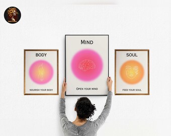 Mind Body Soul Aura Poster 3 Piece Wall Art, Aura Energy Spiritual Gradient Set of 3 Prints, Y2K ...