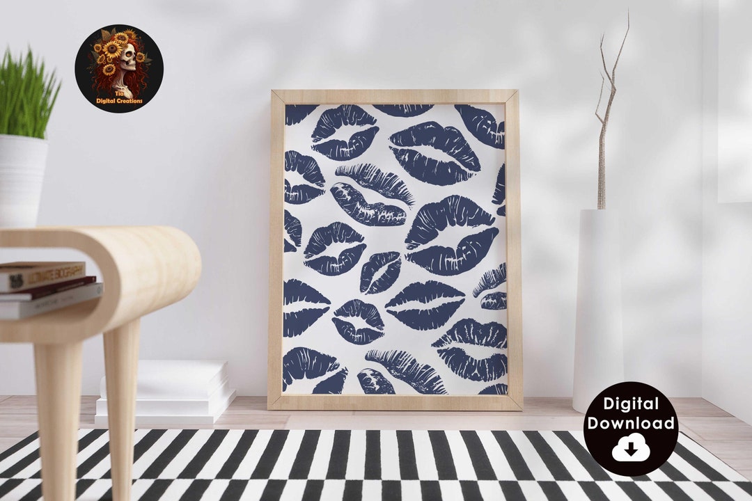Kiss Lips Wall Art, Navy Blue Lips Print, Trendy Digital Prints, Preppy ...