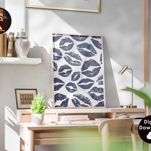 Kiss Lips Wall Art, Navy Blue Lips Print, Trendy Digital Prints, Preppy ...