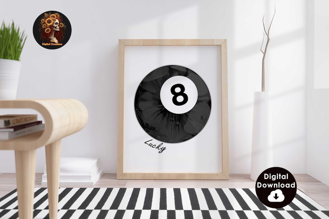 8 Pool Ball Retro Print Trendy Hand-drawn Wall Art Printable Black and ...