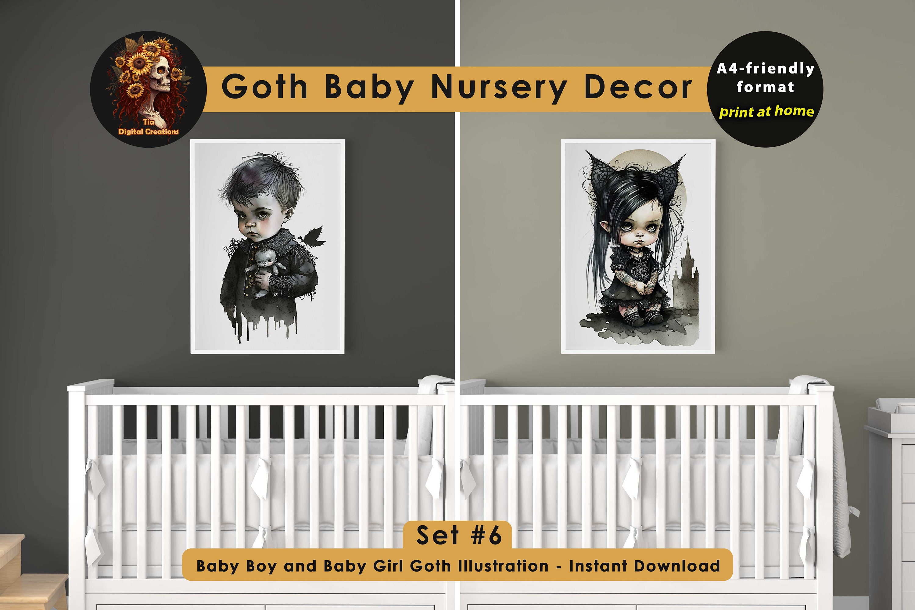 Goth Baby Nursery Wall Art. Set of 2 Watercolor Digital - Etsy