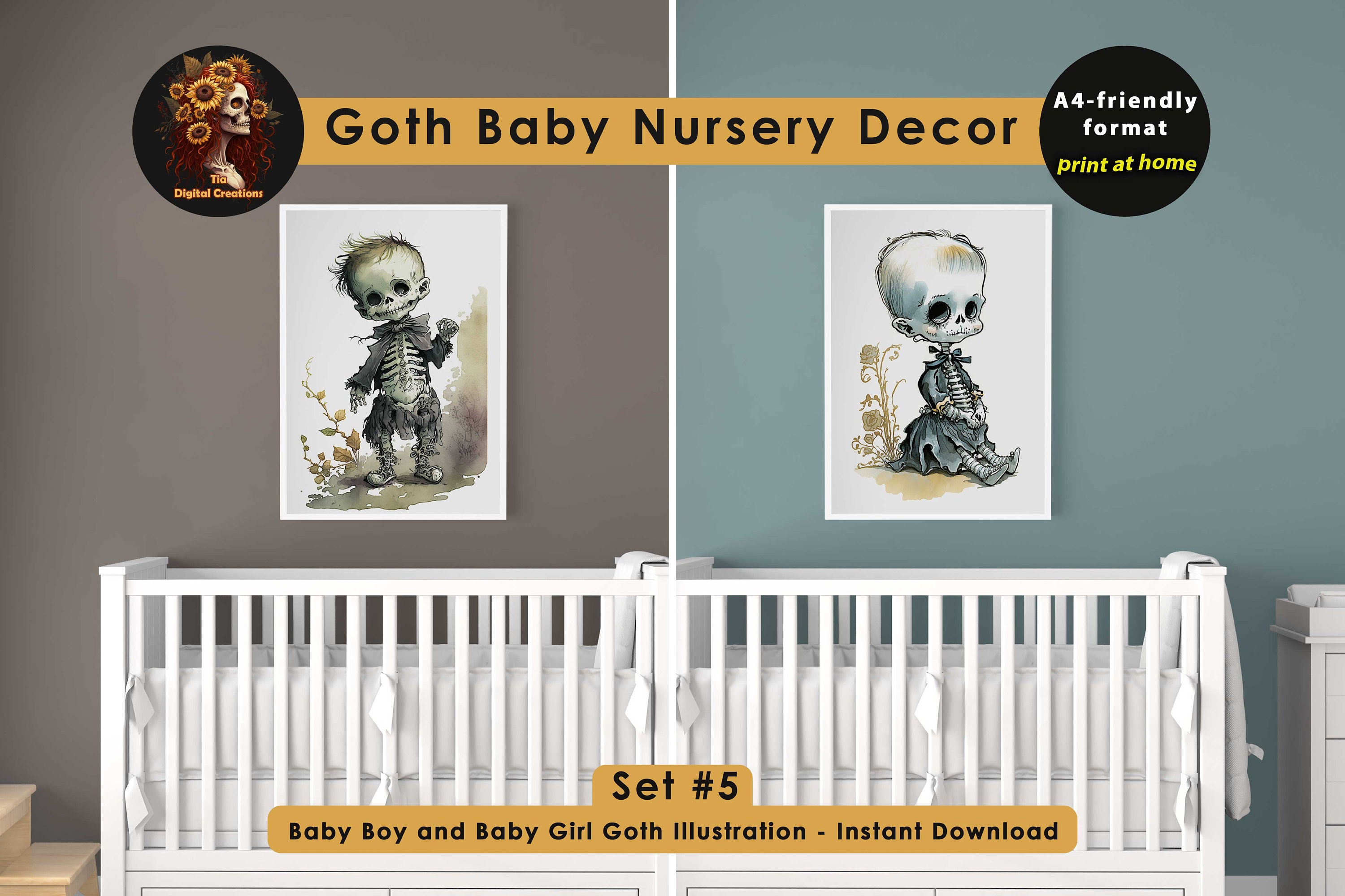 Gothic Nursery Decor. Baby Boy and Baby Girl Goth Illustration Digital ...
