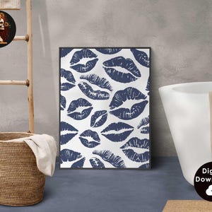 Kiss Lips Wall Art, Navy Blue Lips Print, Trendy Digital Prints, Preppy ...