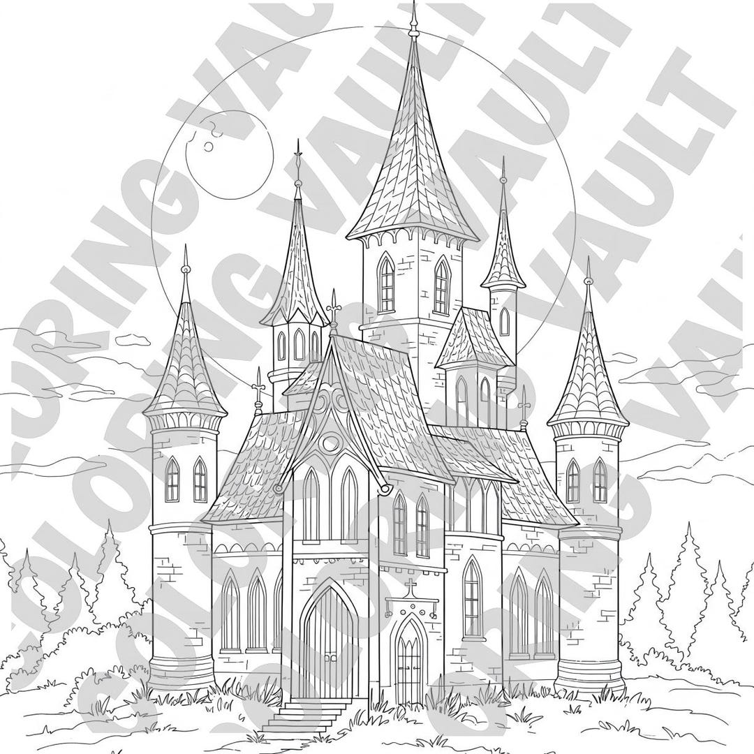 Gothic Style Building Under the Moon Coloring Page - Creepy, Eerie ...