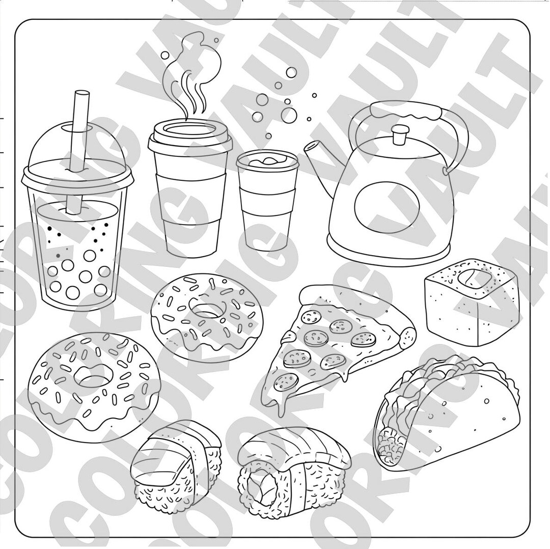 Foods Coloring Page - Boba Bubble Tea, Donuts, Sushi and Drinks - Tasty ...