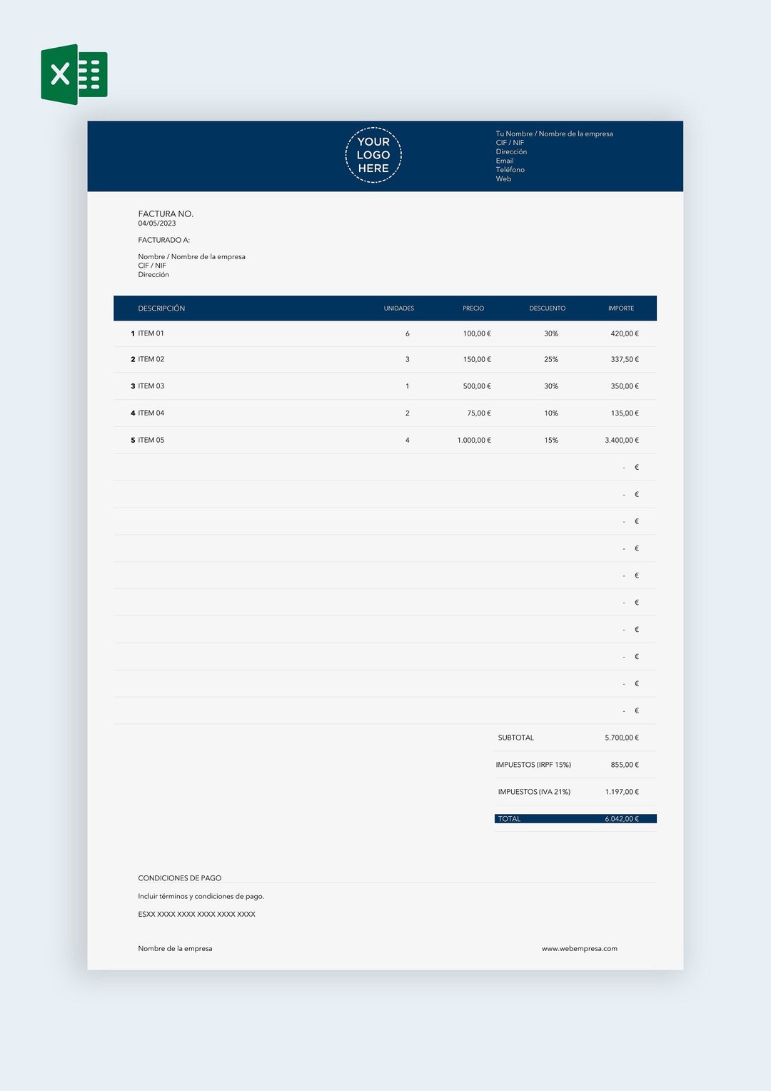INVOICE TEMPLATE Elegant and Minimalist Microsoft EXCEL Commercial ...