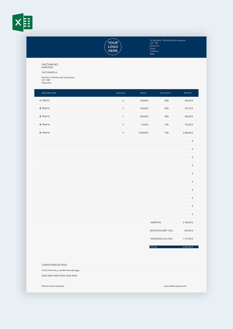 INVOICE TEMPLATE Elegant and Minimalist Microsoft EXCEL Commercial ...