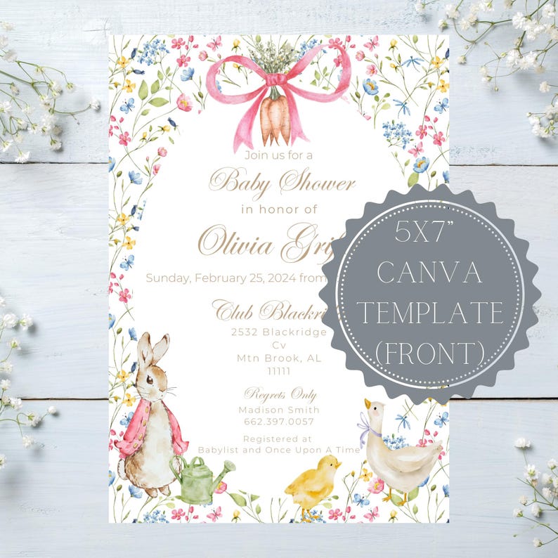 Rabbit Baby Shower Invitation, Printable Rabbit Girl Birthday ...