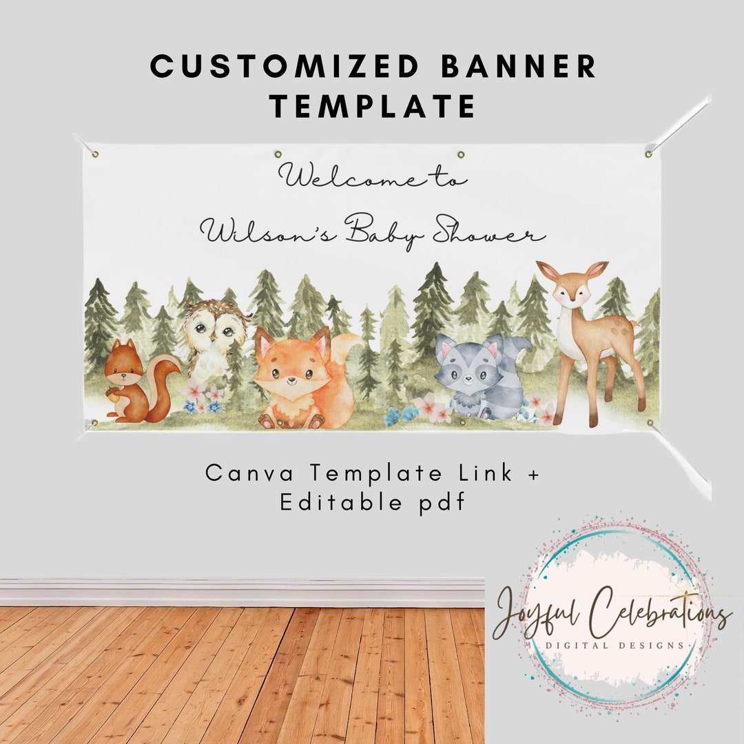 Editable Woodland Animals Banner TEMPLATE Party Personalized Sign Baby ...