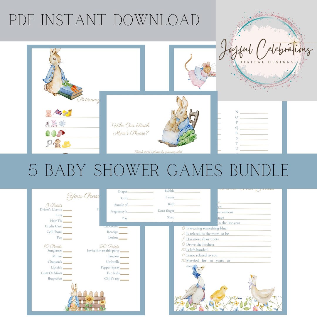 Peter Rabbit Baby Shower Games Bundle Baby Boy Blue Bow Shower ...