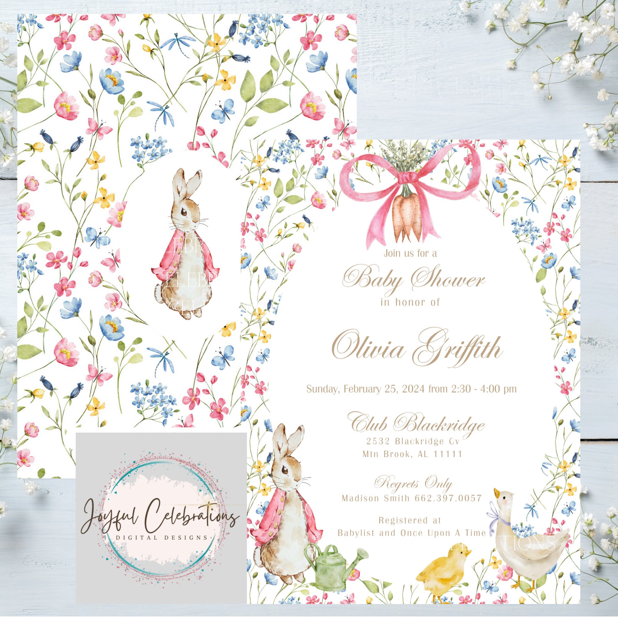 Rabbit Baby Shower Invitation, Printable Rabbit Girl Birthday ...