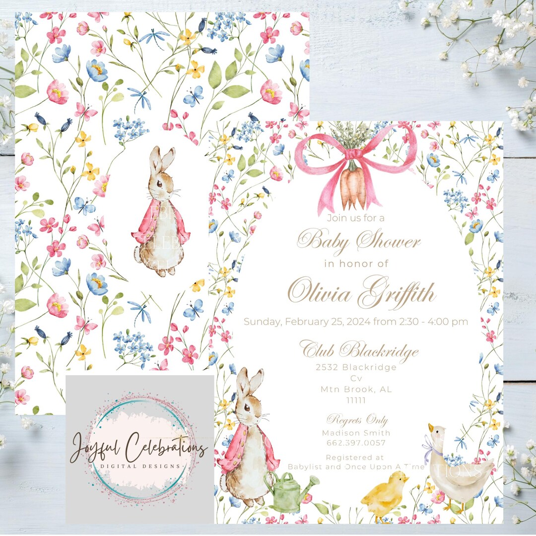 Rabbit Baby Shower Invitation, Printable Rabbit Girl Birthday ...