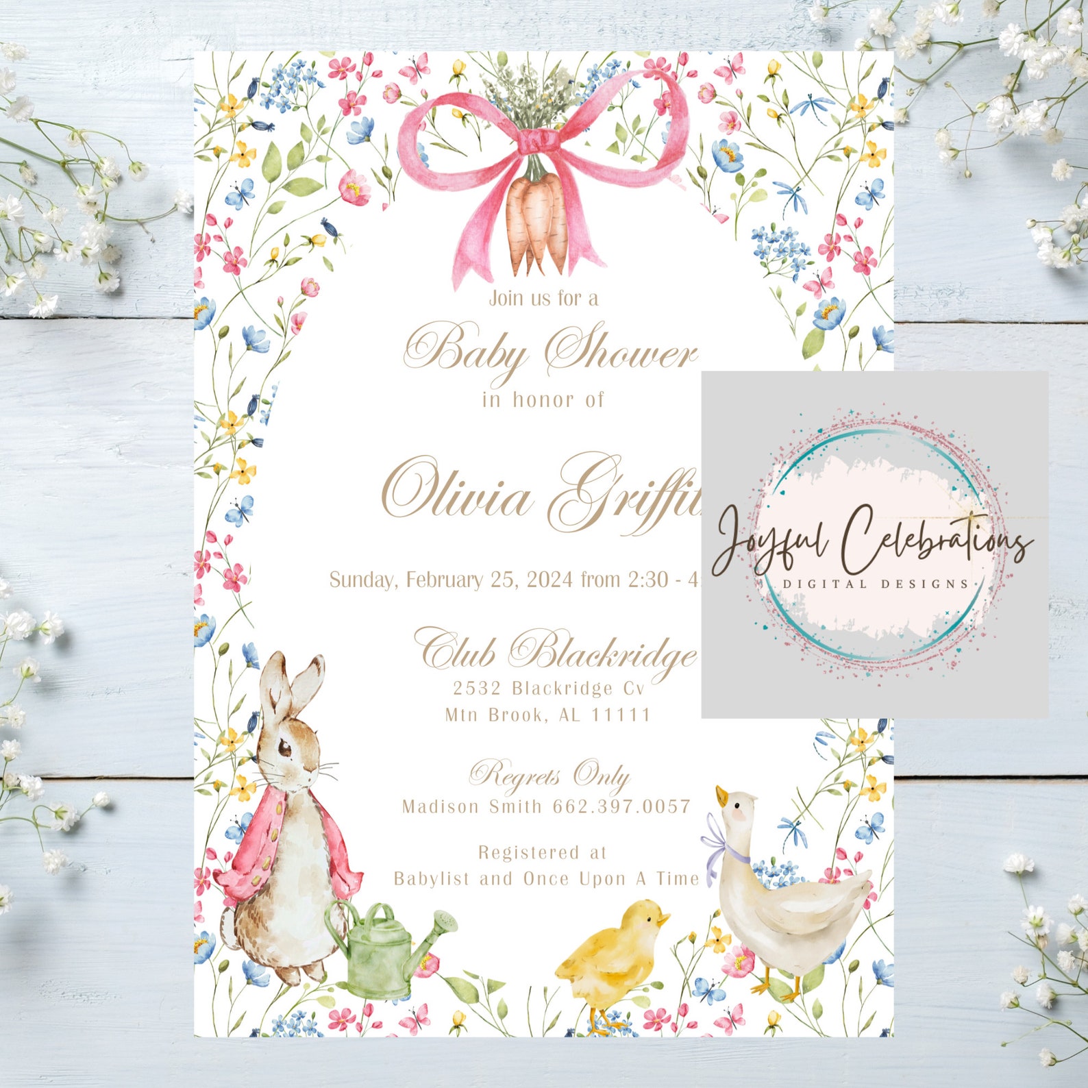Rabbit Baby Shower Invitation, Printable Rabbit Girl Birthday ...