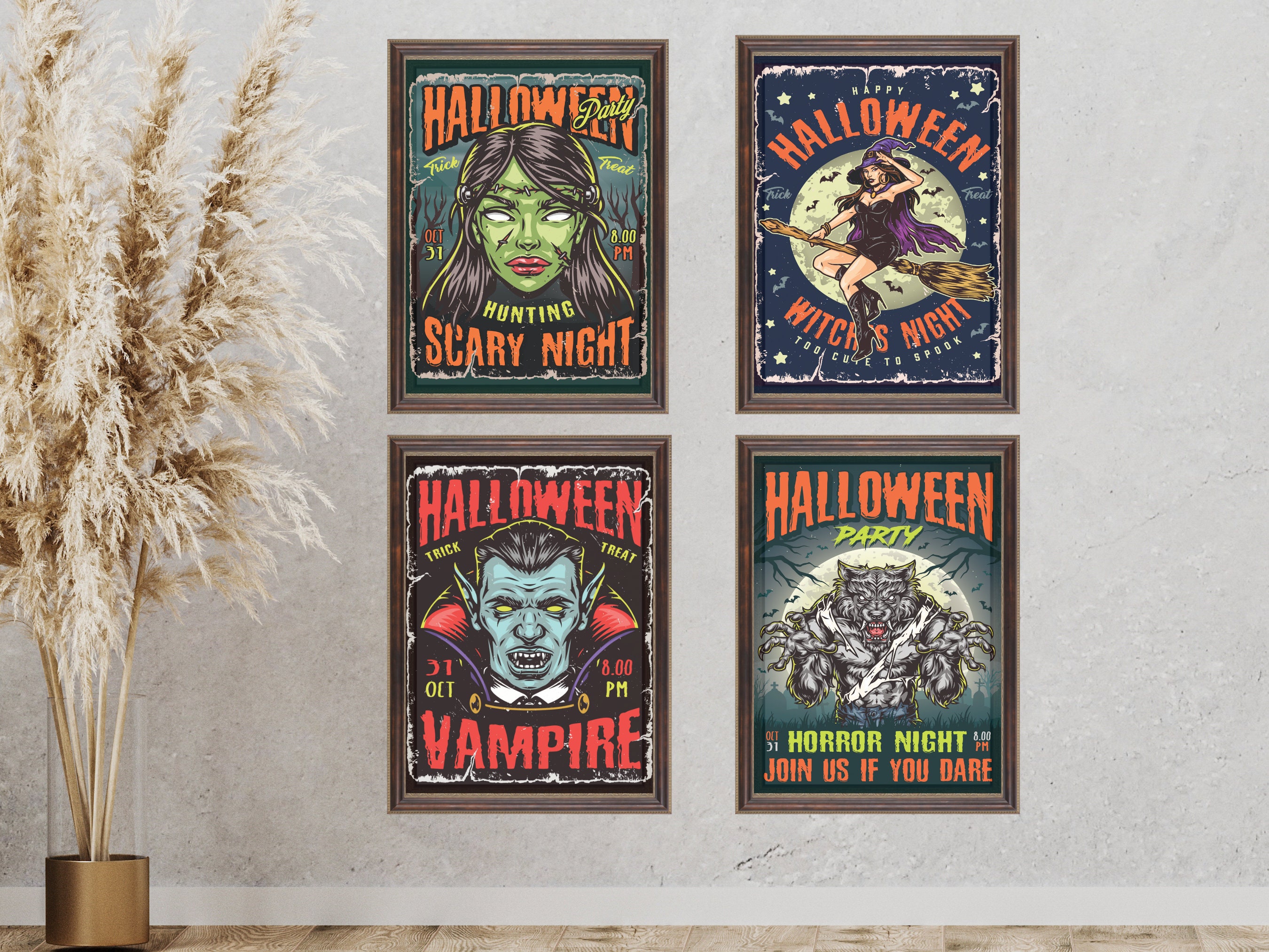Printable Wall Art Halloween Poster Set, Set of 4 Posters, Retro ...