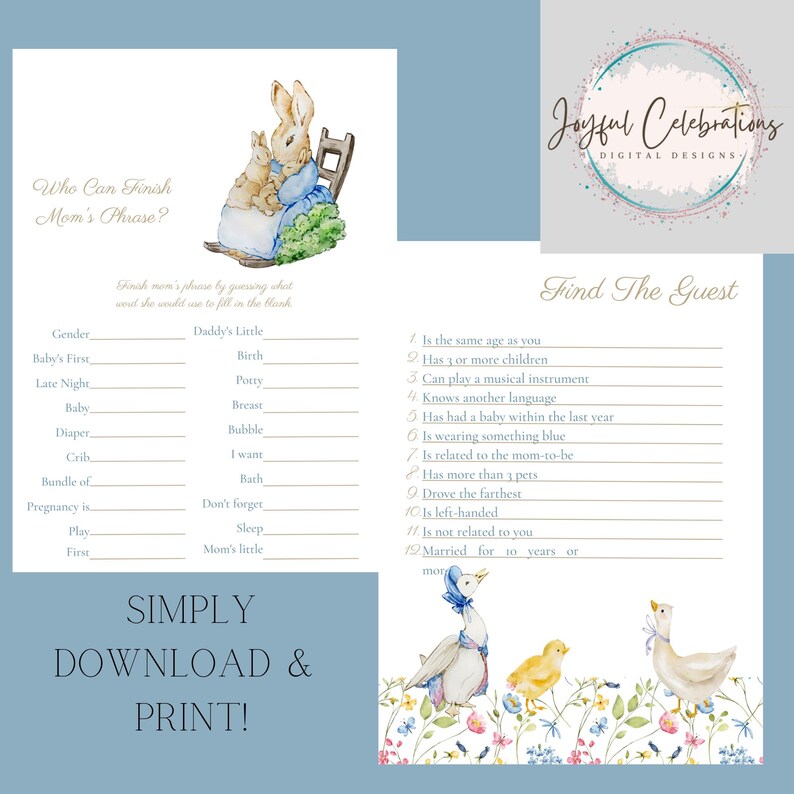 Peter Rabbit Baby Shower Games Bundle Baby Boy Blue Bow Shower ...