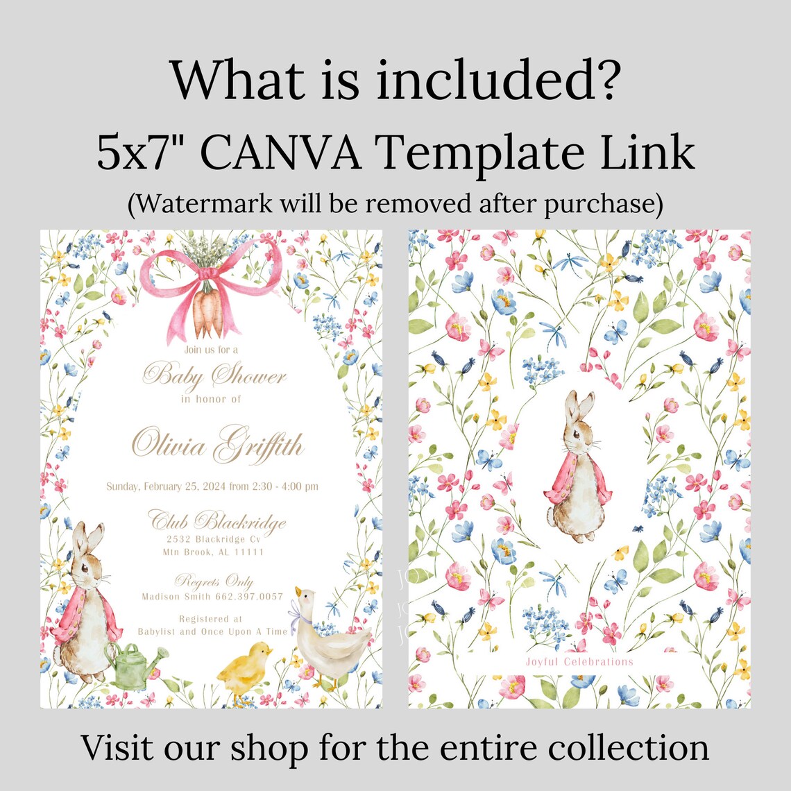 Rabbit Baby Shower Invitation, Printable Rabbit Girl Birthday ...