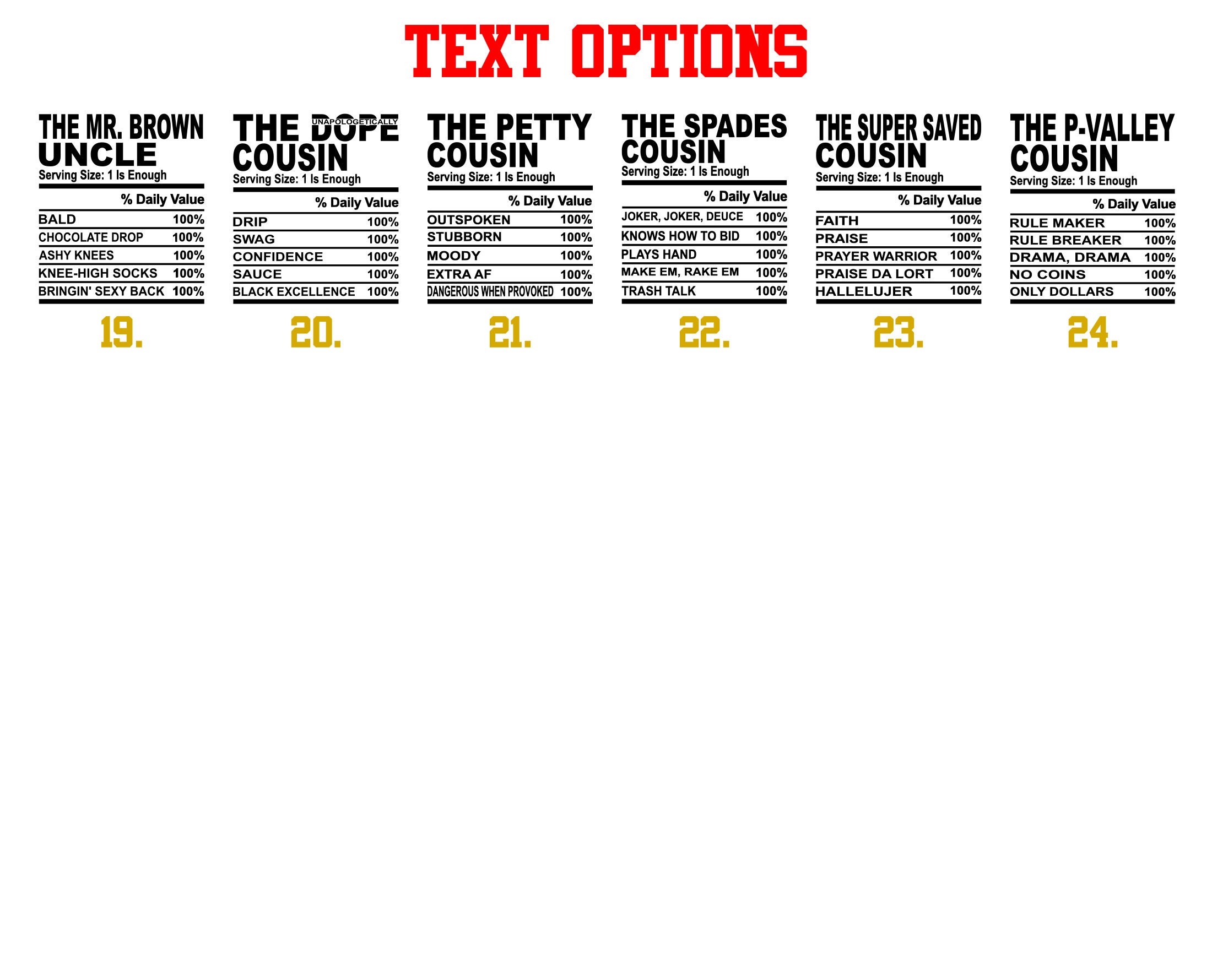 Cousin Nutrition Facts Shirts, Family Reunion Cousins Nutrition Facts ...