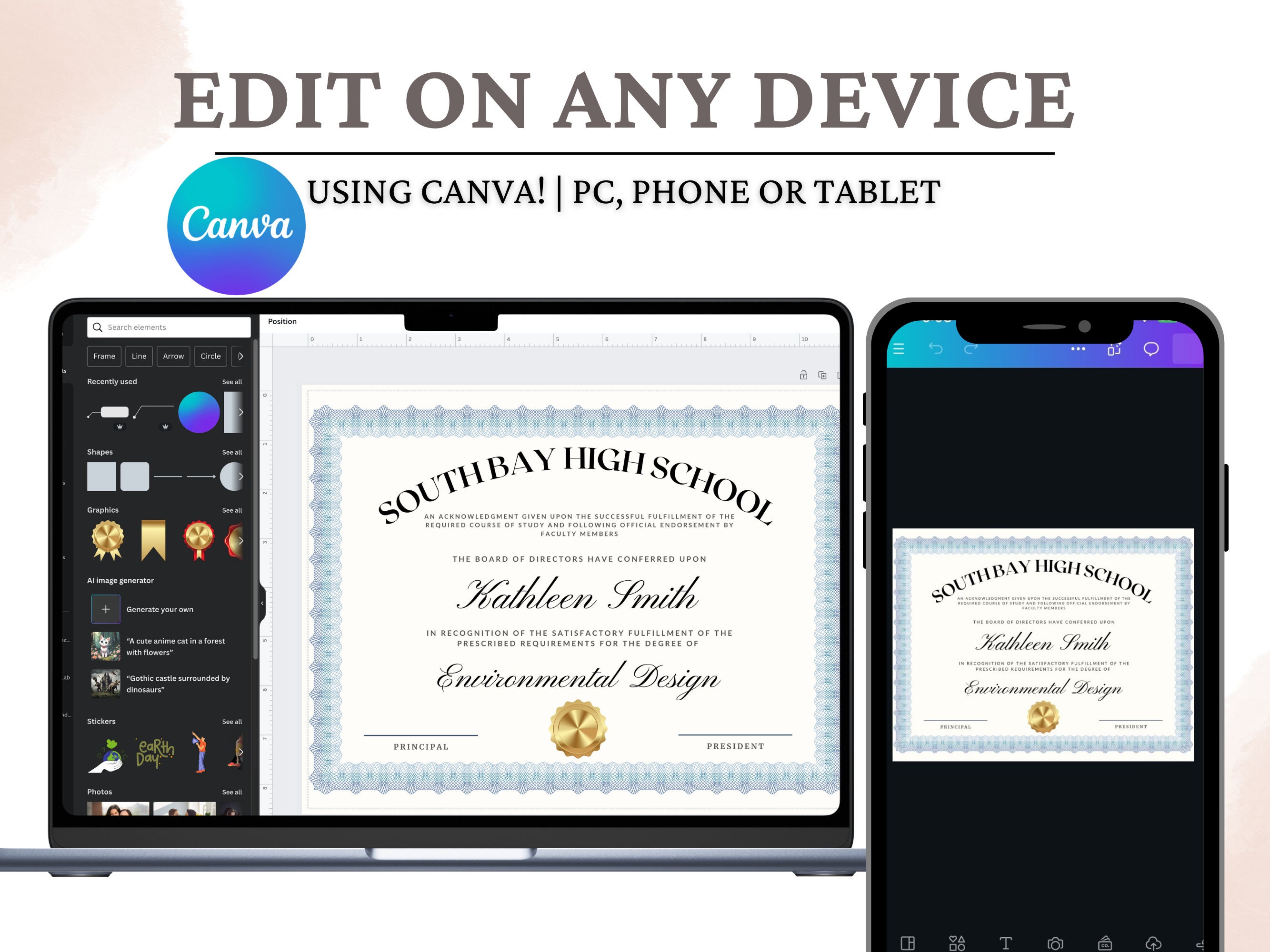 GED Diploma With Gold Seal Template Printable and Editable With Canva Personalized High School ...