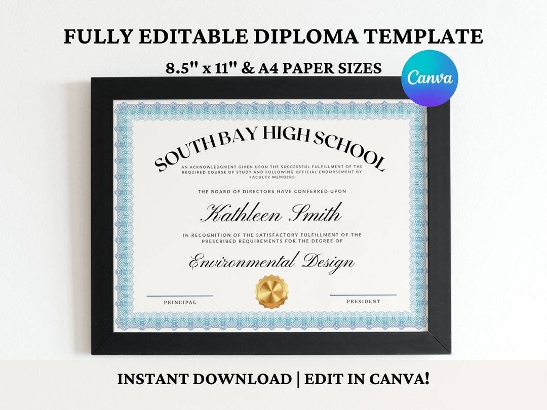 GED Diploma With Gold Seal Template Printable and Editable With Canva ...
