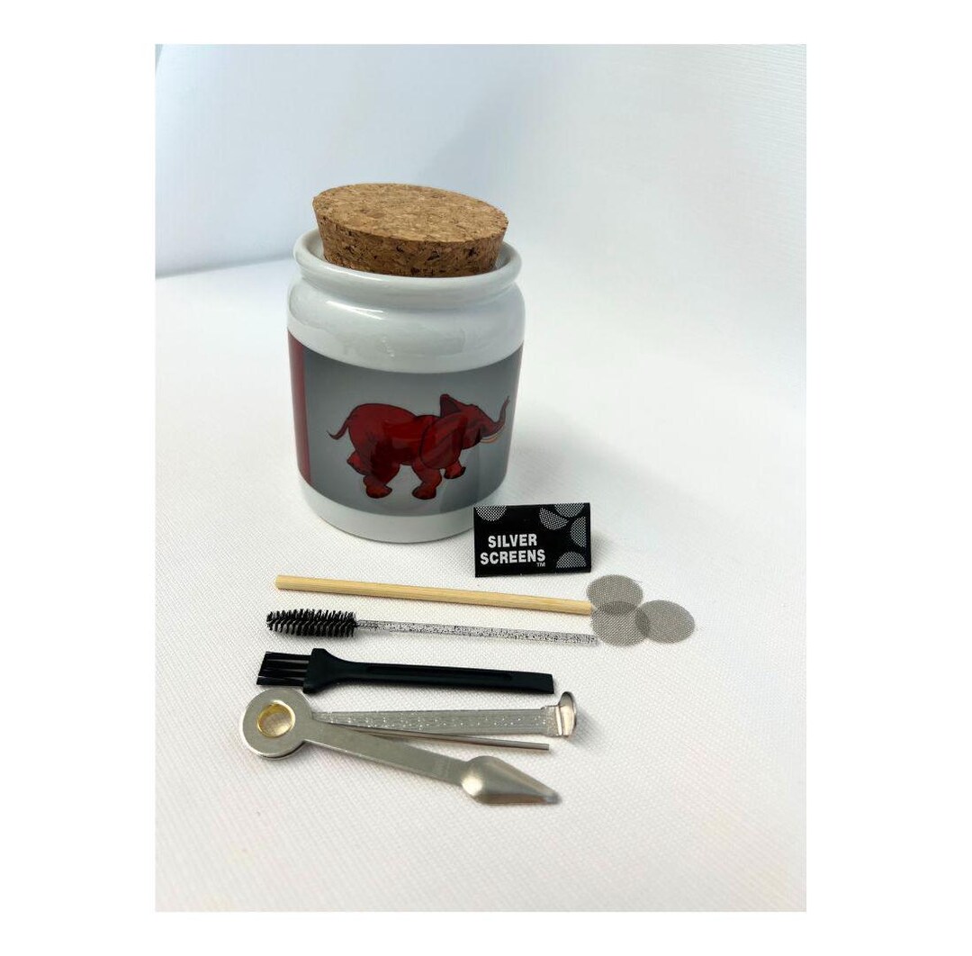 Elephant Design Ceramic Stash Jar With Cork Lid With Cleaning Tools ...