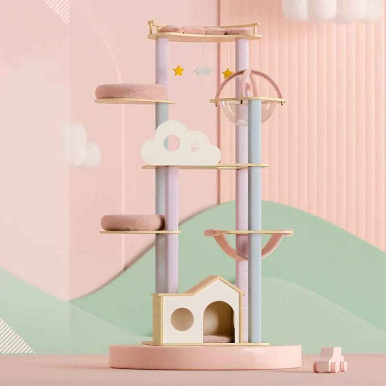 Pastel Pink Cat Tree Tower Wooden Cat Tower Modern Cat - Etsy