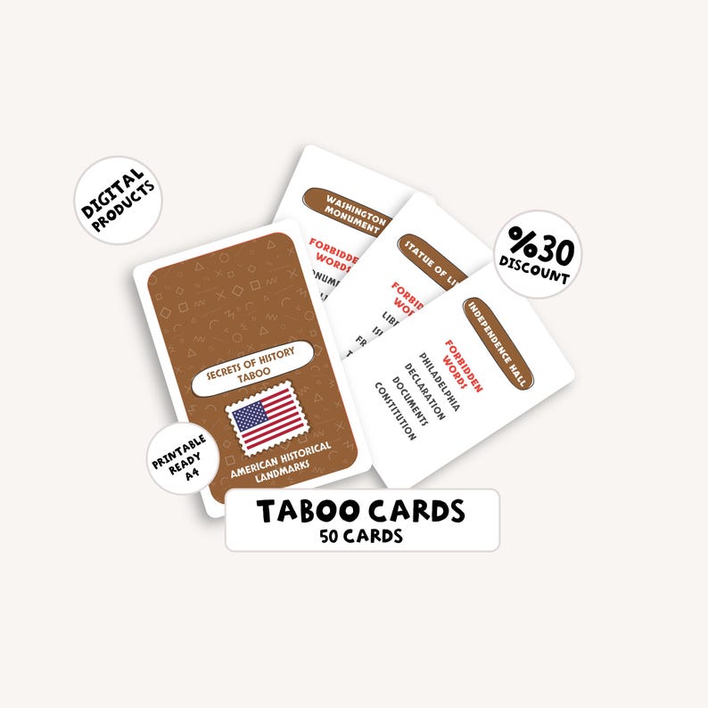 American Historical Wonders-themed Taboo Game 50 Printable Cards for ...