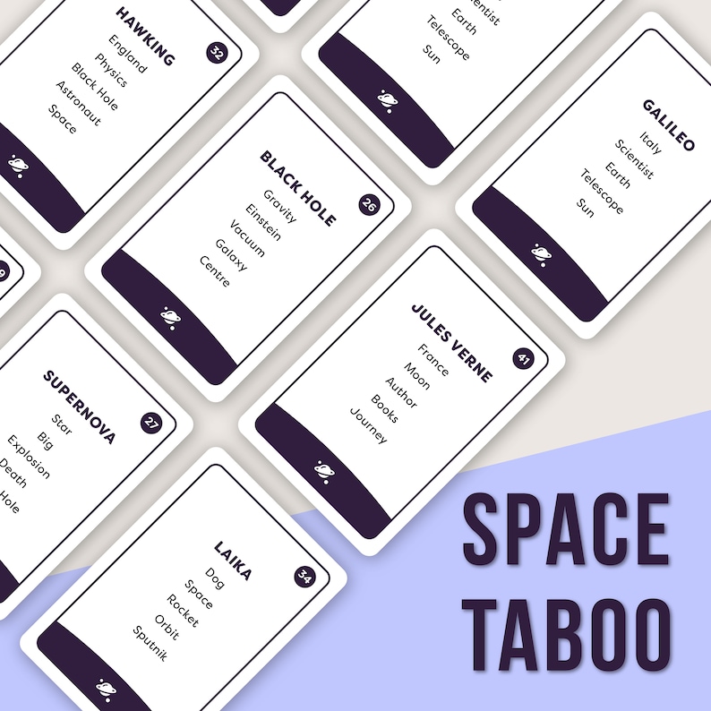 Space Themed Taboo Cards for Kids, 50 Printable Digital Game Cards ...