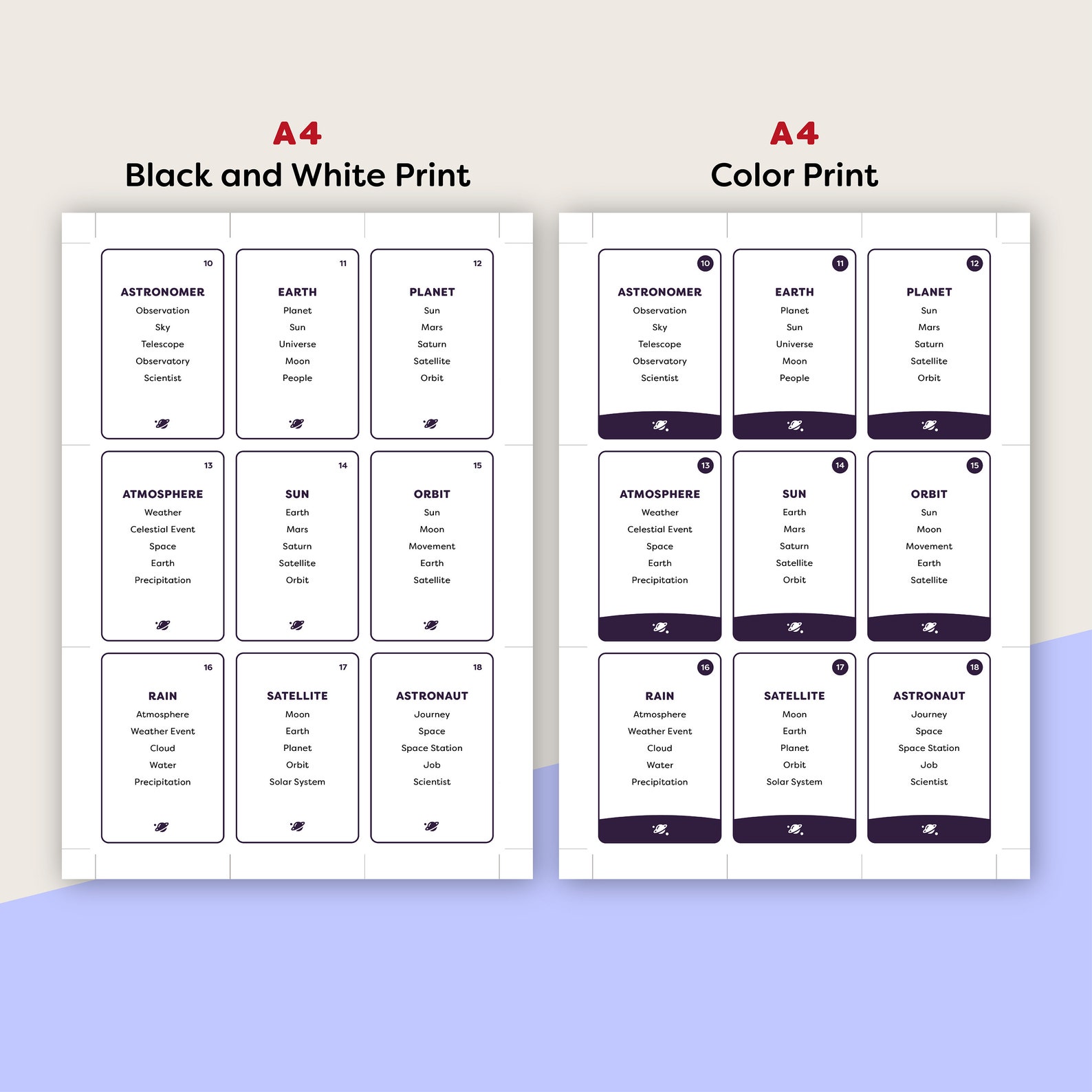 Space Taboo Games for Kids, Fun Flash Cards for Kids, Printable ...