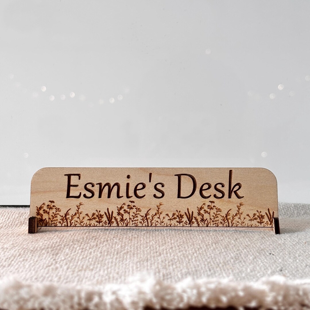 Small Personalised Wooden Desk Sign, Floral Engraved Desk Name Plate ...