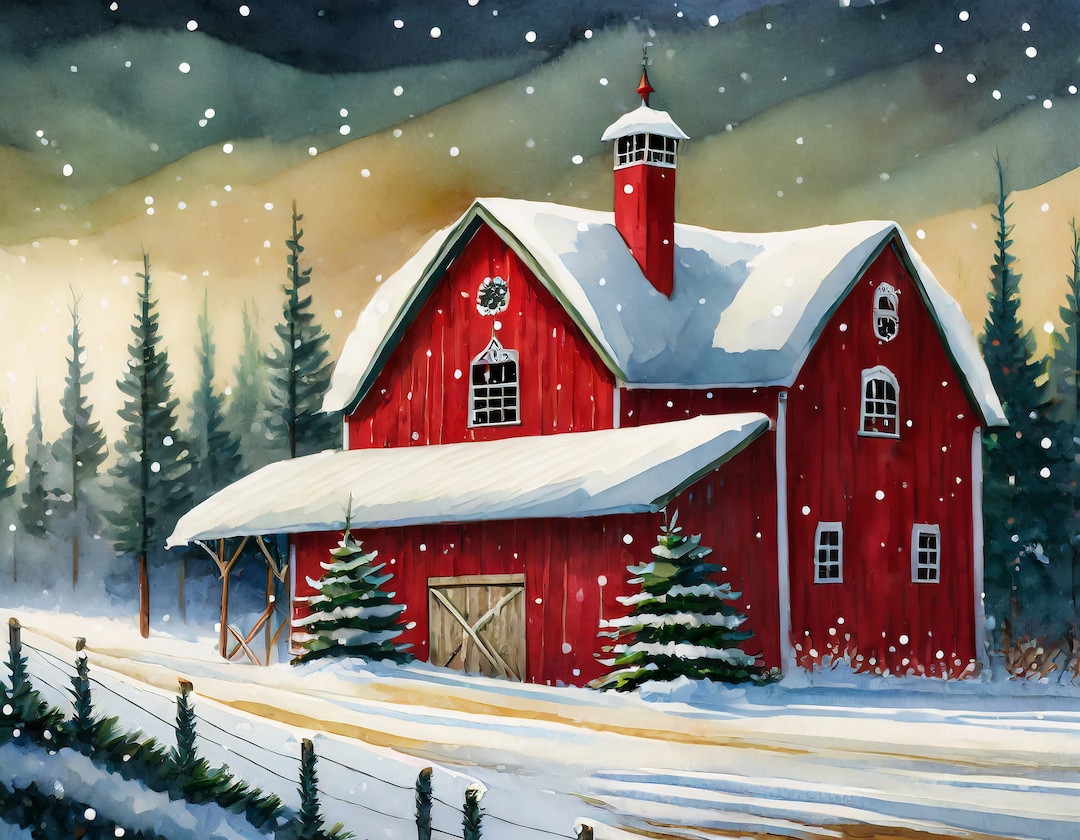 Red Barn Christmas Digital Art PNG, Farmhouse Holiday Decor, Rustic ...