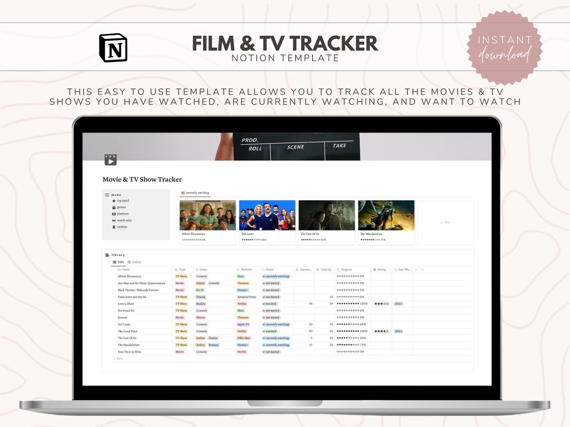 Notion Film & TV Tracker Template // Notion Dashboard Notion Templates ...