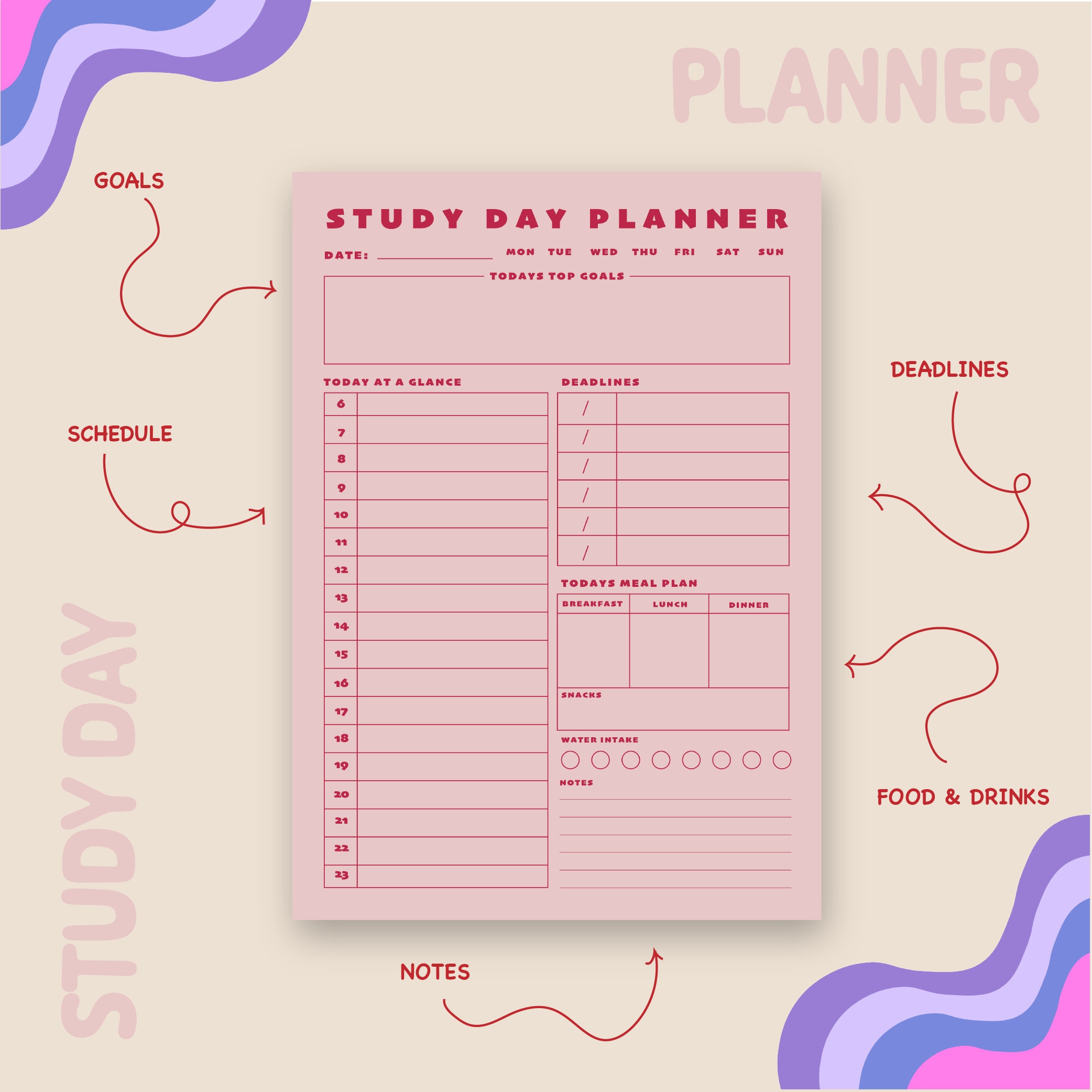 Study Day Planner - Printbare Planner - Dagplanner - Minimalistisch ...