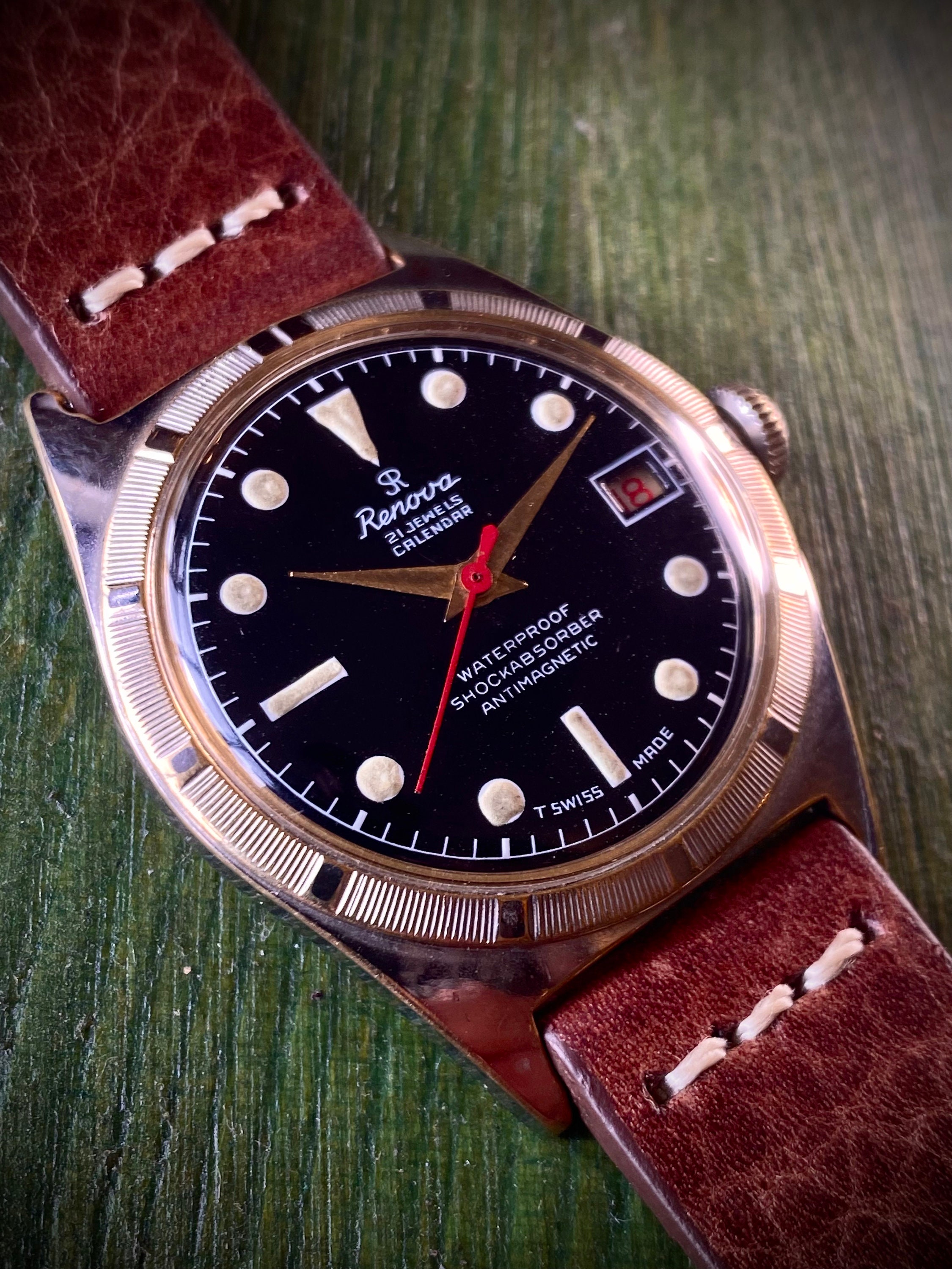 Swiss-made SR RENOVA Date Function Black Dial Mechanical Vintage Watch ...