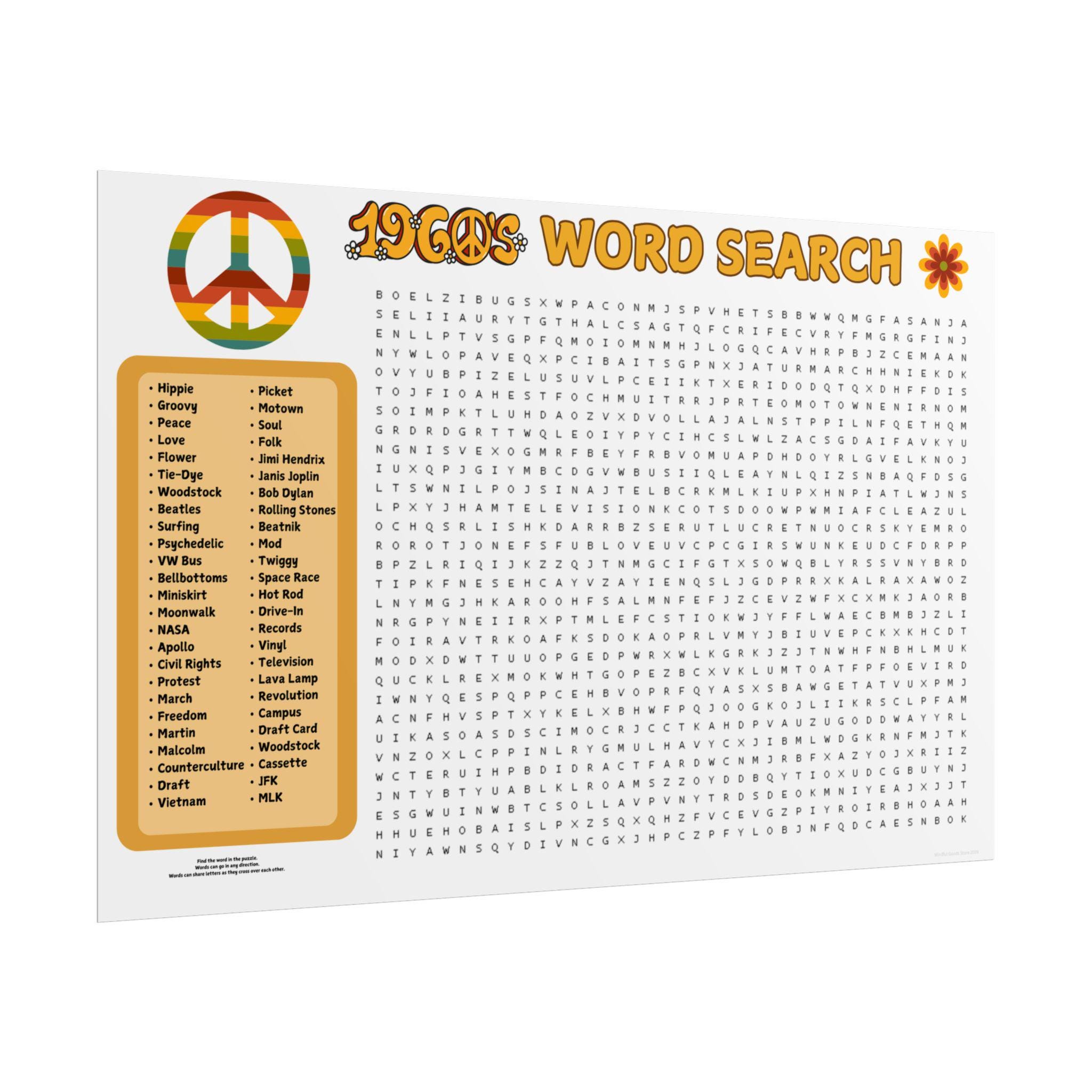 Giant 1960s Birthday Word Search - Fun & Nostalgic Party Game for 60s ...