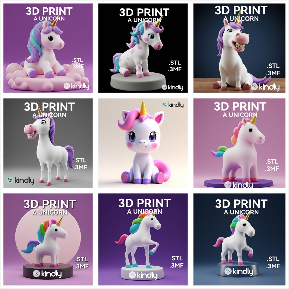 Adorable 9 Pack Unicorn 3D Print Files | Instant Download | STL & 3MF ...