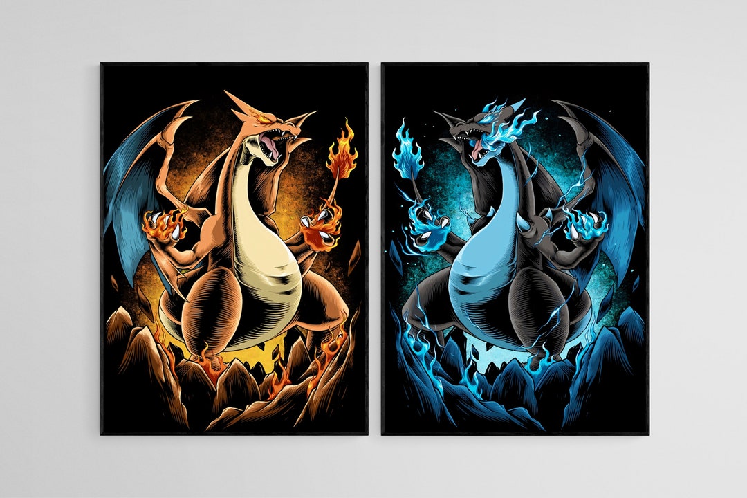 Mega Charizard Print Set, Pokemon Wall Art, Child's Room Decor, Gamer ...