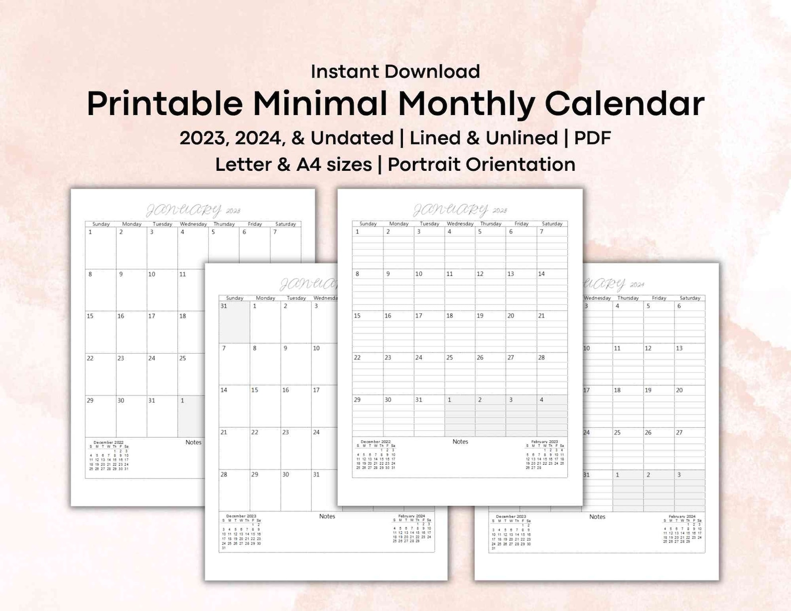 Instant Download Printable Minimalist 2023 2024 Calendar Portrait ...
